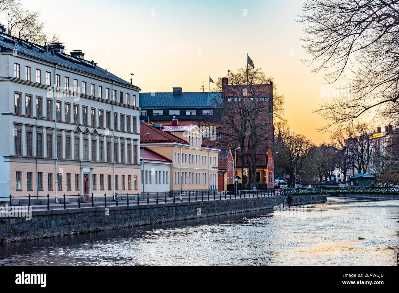 Sunset view of notable buildings alongside river Fyris in Uppsala, Sweden Stock Photo - Alamy