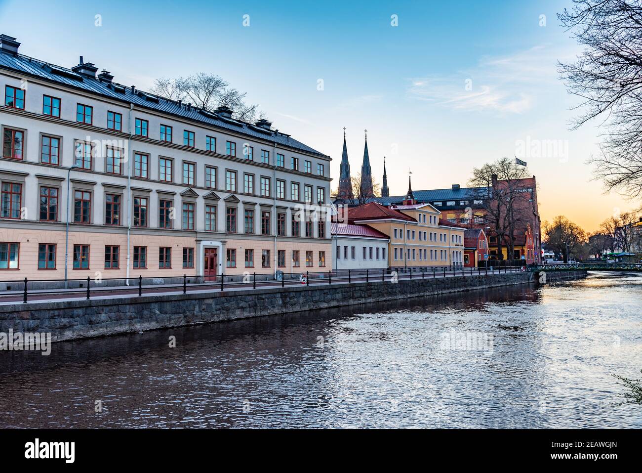 Sunset view of notable buildings alongside river Fyris in Uppsala, Sweden Stock Photo - Alamy