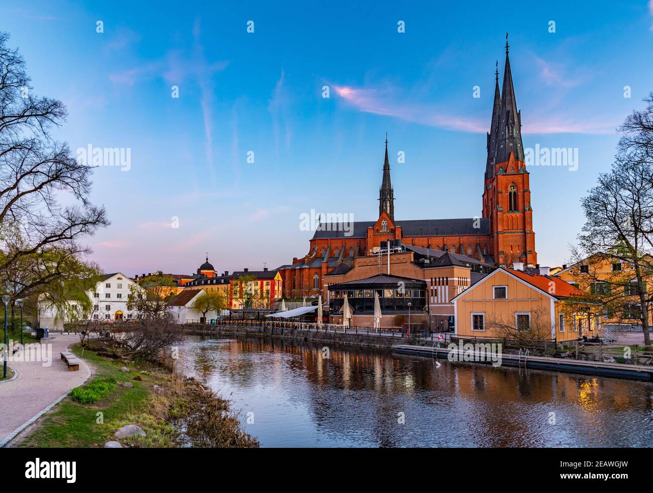 Sunset view of Uppsala cathedral reflecting on river Fyris in Sweden Stock Photo - Alamy