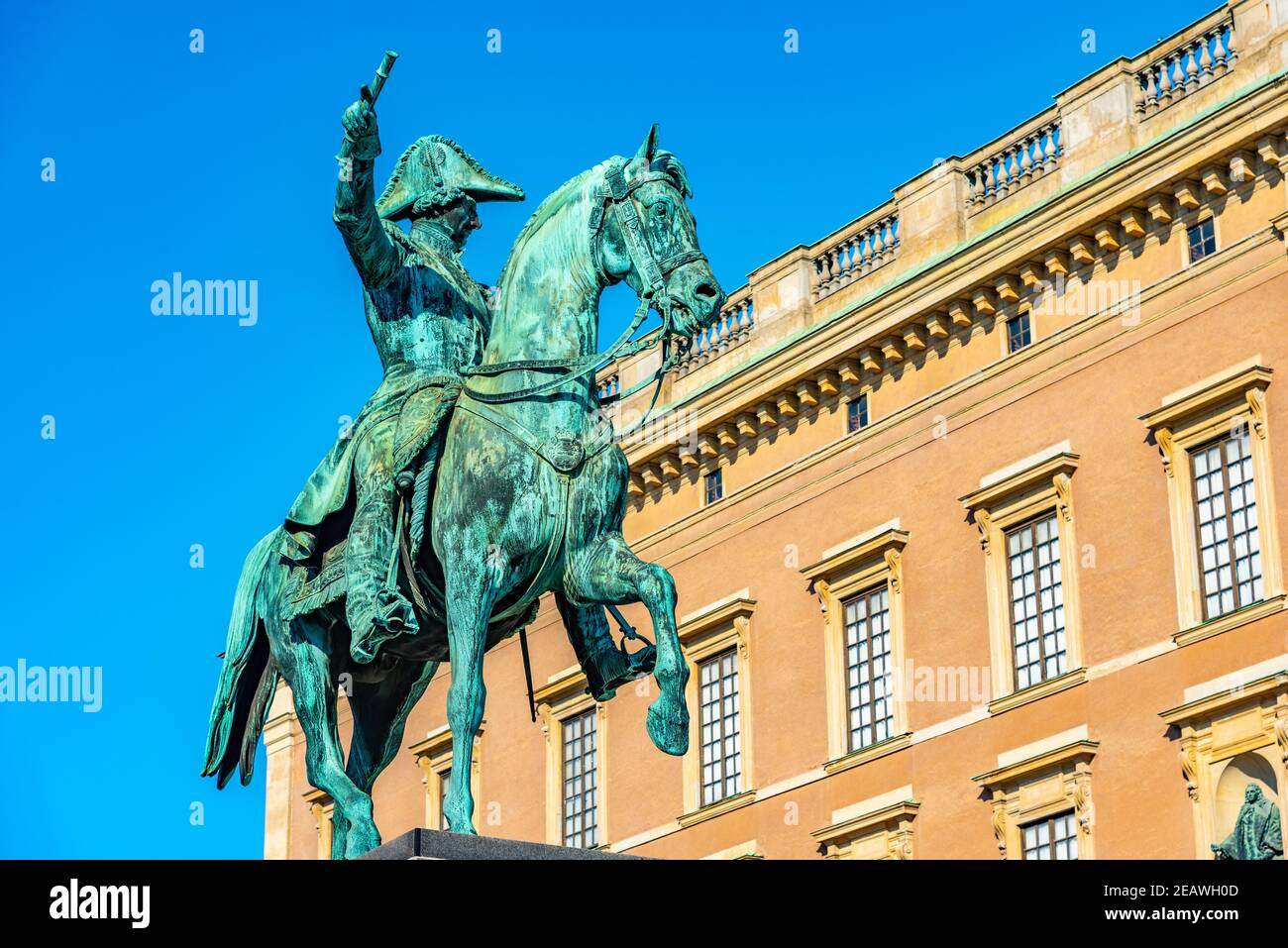 Statue of King Karl XIV Johan in front of Storkyrkan church in ...