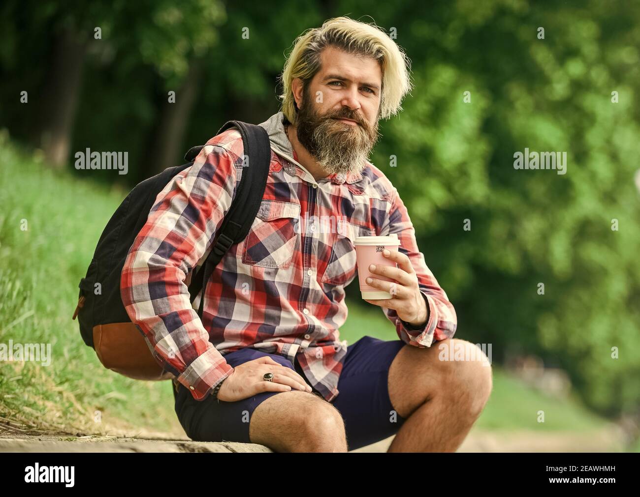 Inspiration. Man outdoors with cup of coffee. Drinking hot coffee ...