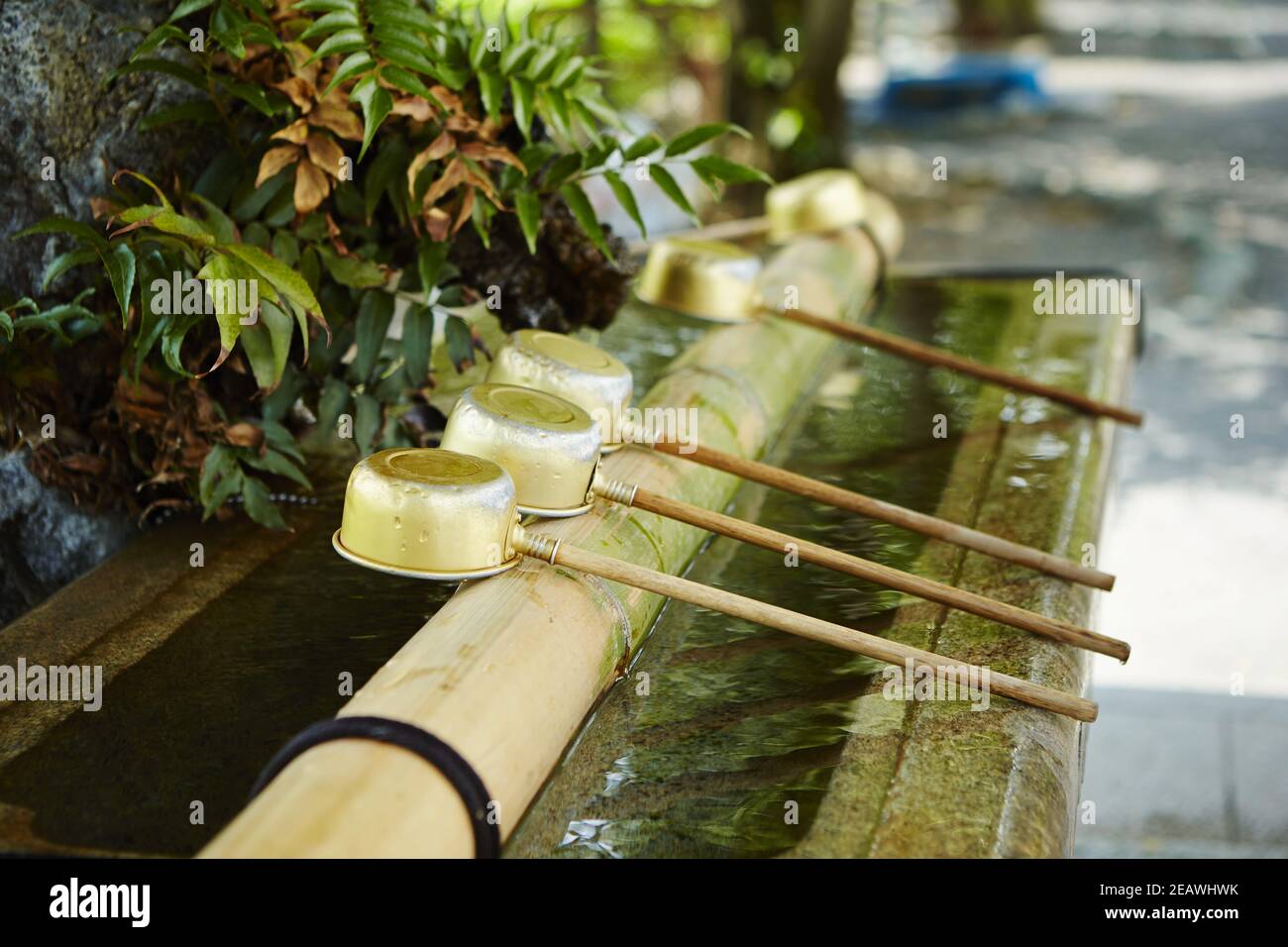 Shallow focus of Japanese ladles for cleaning hands before entering the ...
