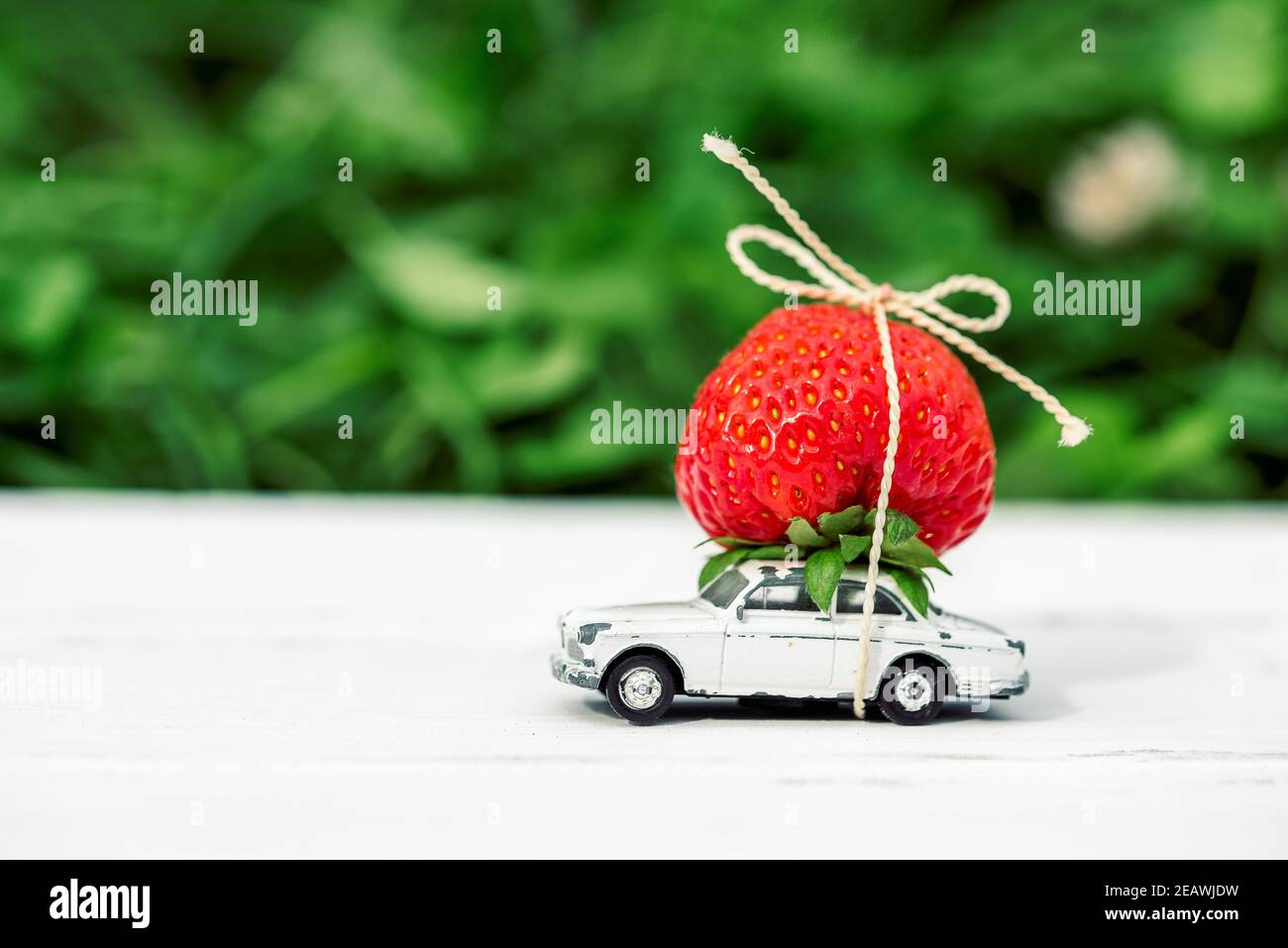 on a green background a small toy car with red strawberries place ...