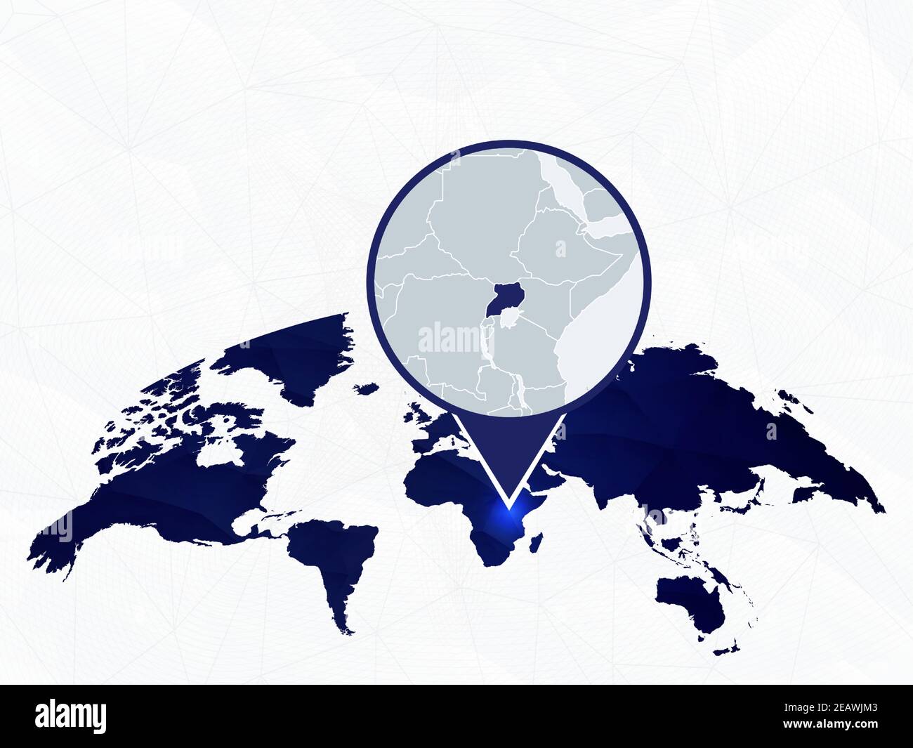 Uganda detailed map highlighted on blue rounded World Map. Map of ...