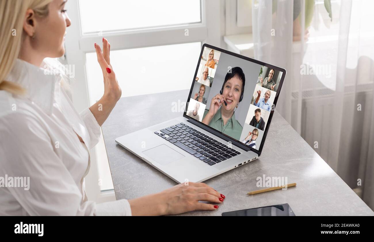 woman and team on laptop screen talking and discussion in video ...