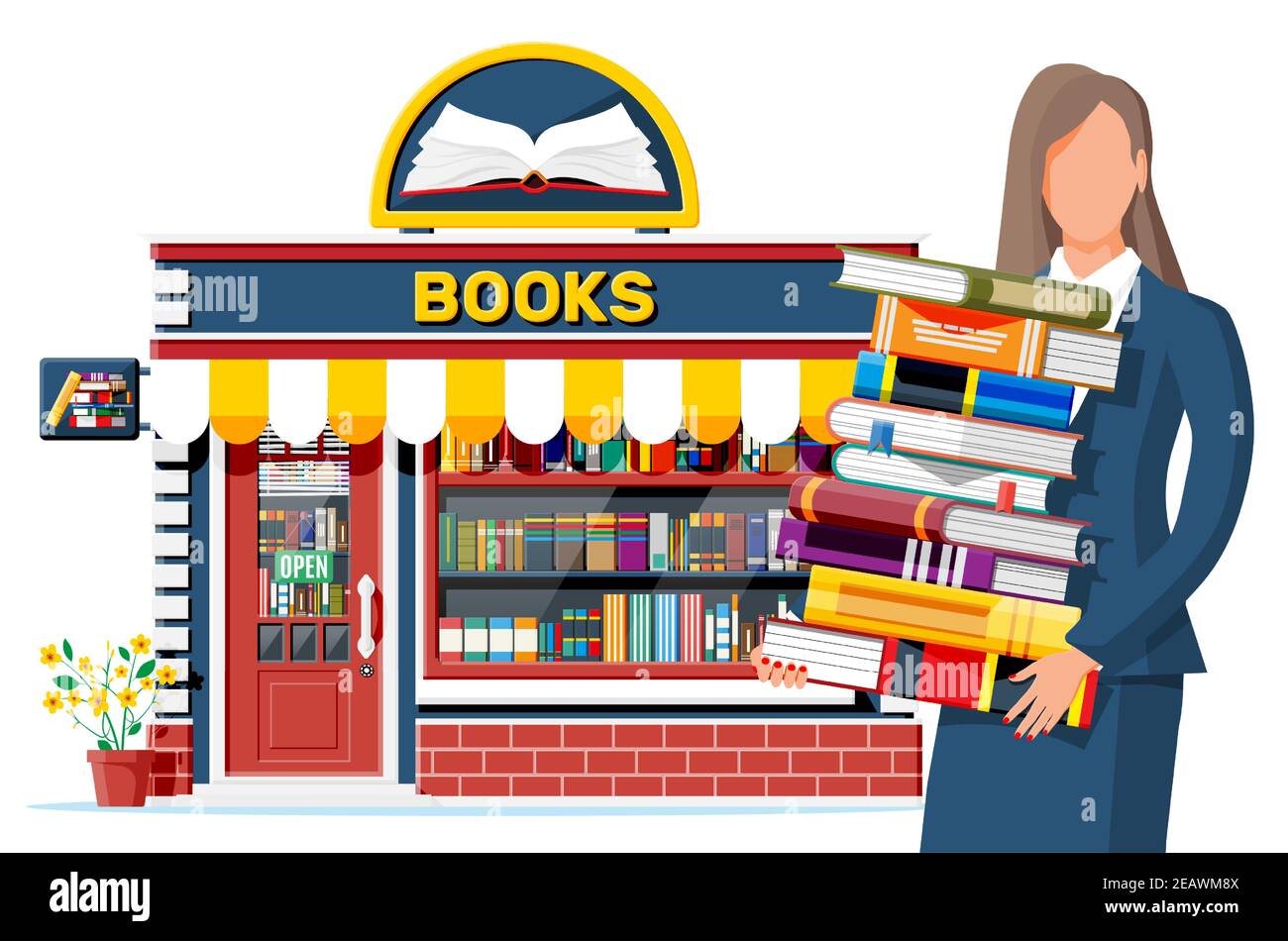 Bookstore shop exterior and woman. Books shop brick building. Education ...