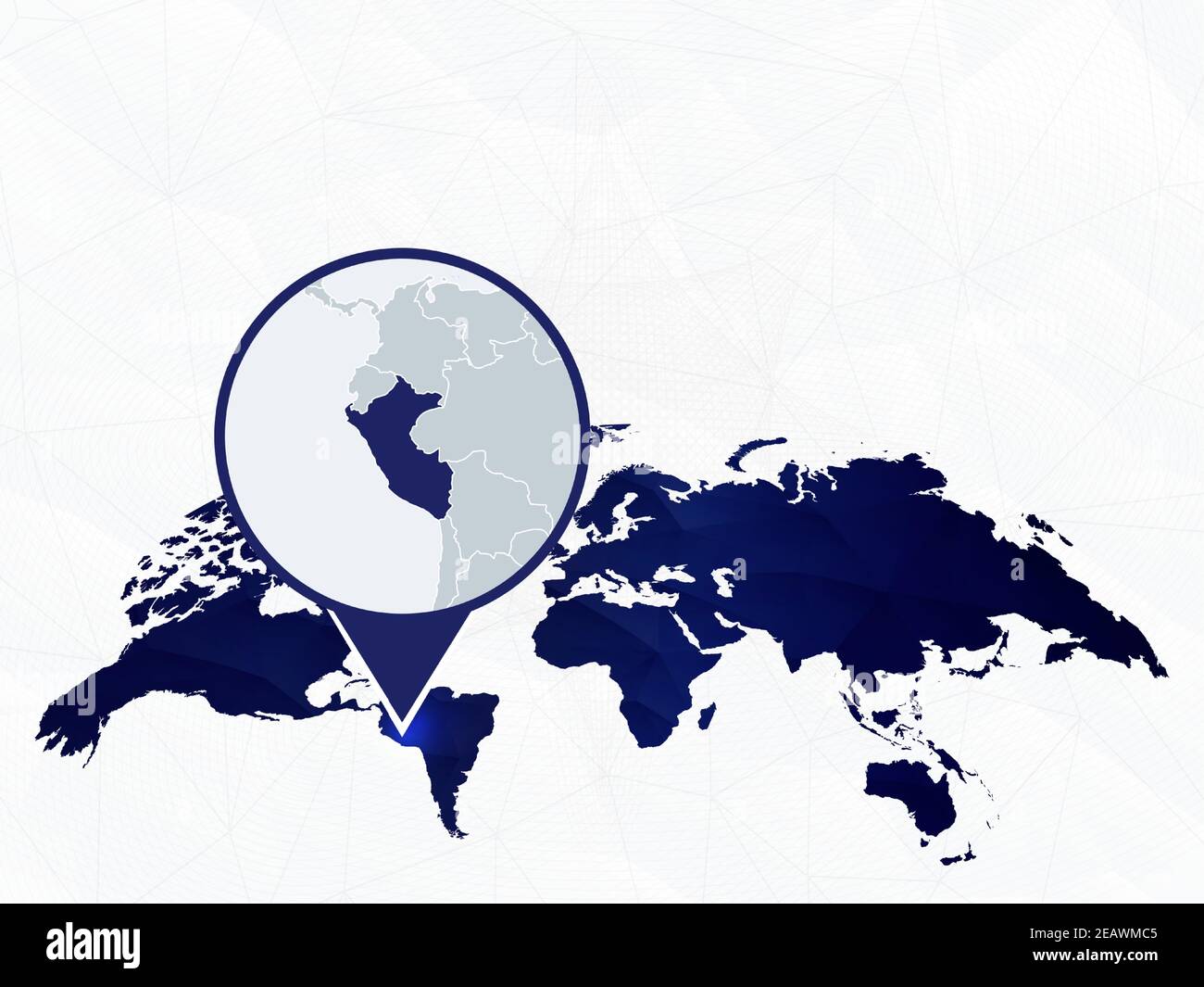 Peru detailed map highlighted on blue rounded World Map. Map of Peru in ...