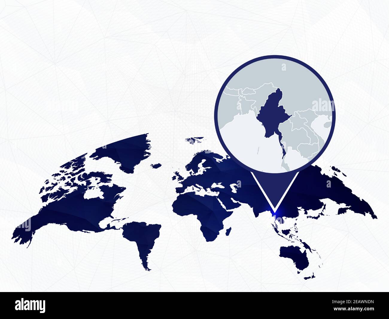 Myanmar detailed map highlighted on blue rounded World Map. Map of ...