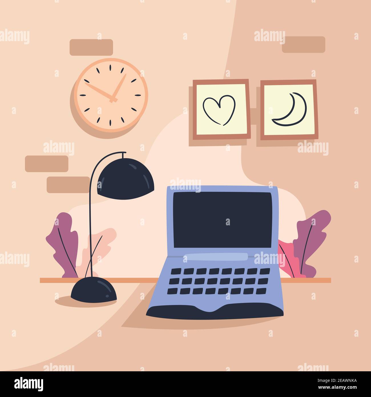 workplace desk with laptop and lamp design, work office and ...