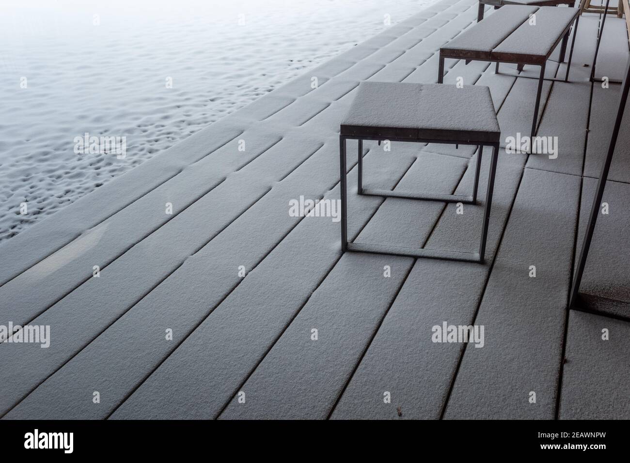 Selective focus and top view on exterior wooden terrace with wooden ...