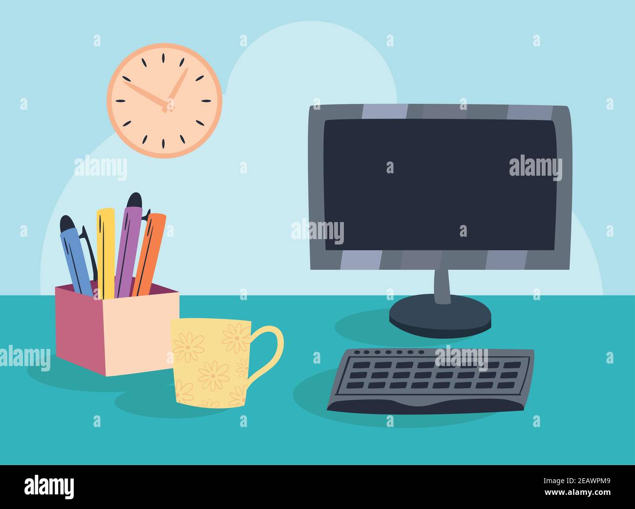 workplace desk with computer and pens design, work office and ...