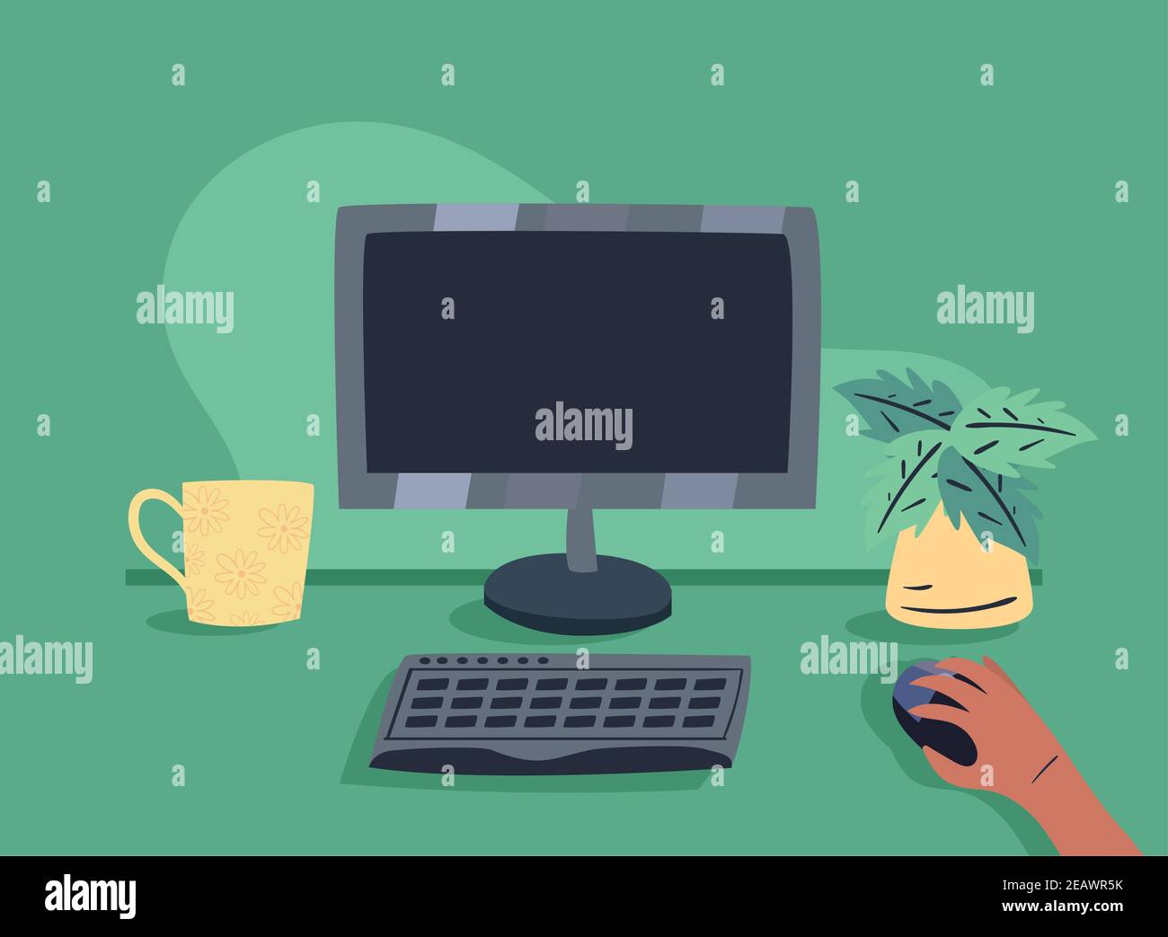 workplace desk with computer coffee mug and plant design, work office ...