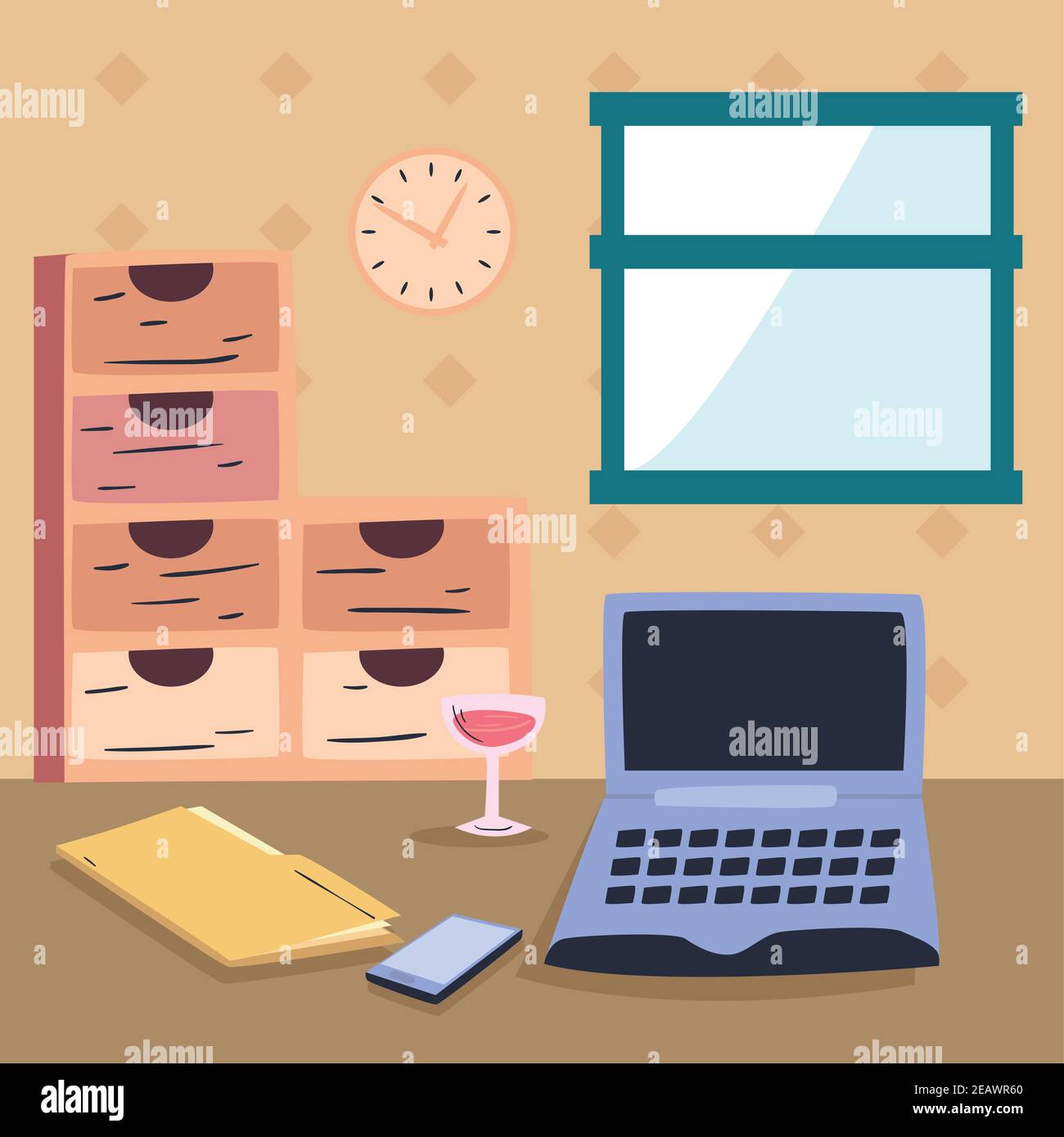 workplace desk with laptop file and furniture design, work office and ...