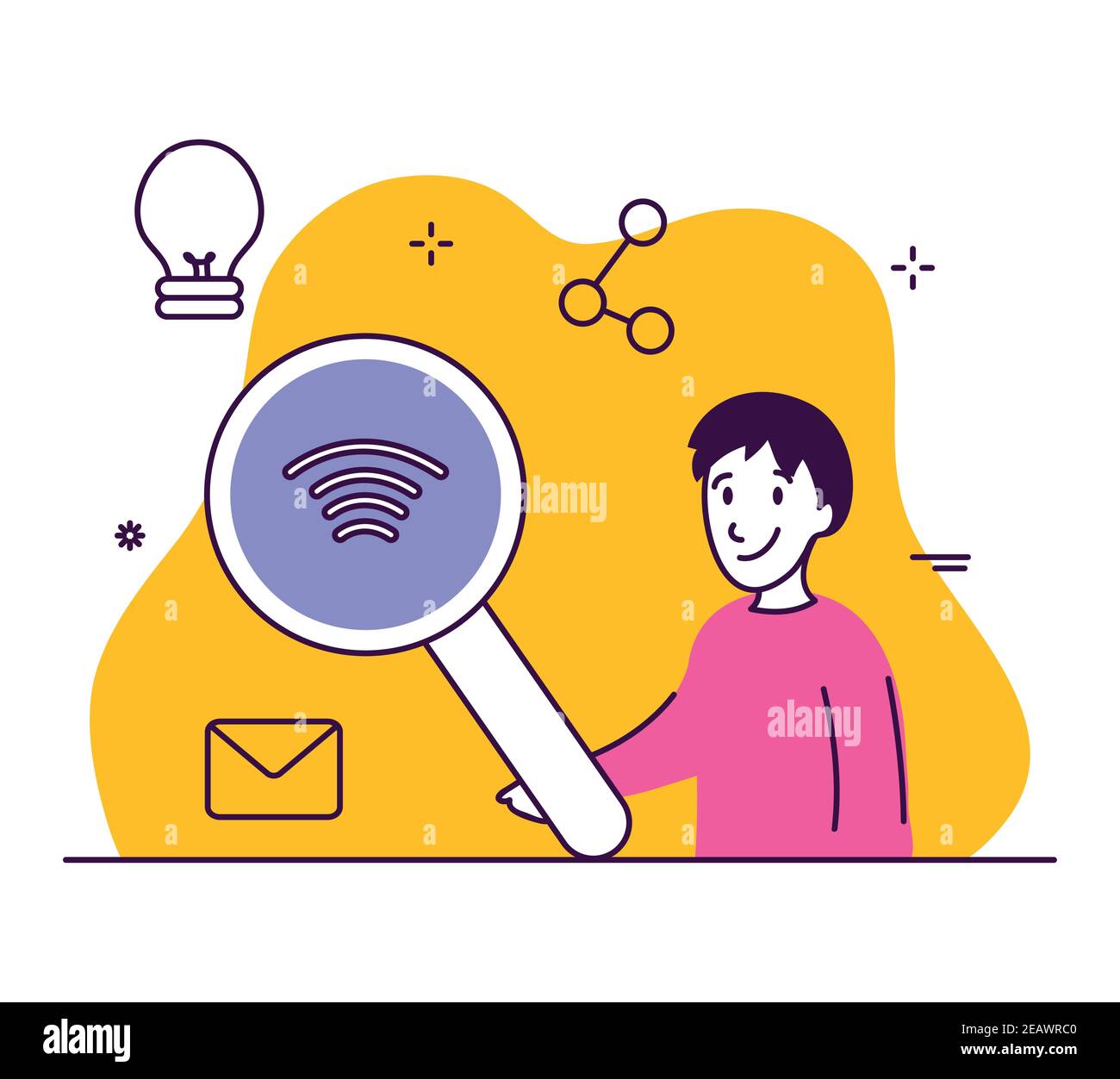 man smiling with magnifying glass and internet symbols around over ...