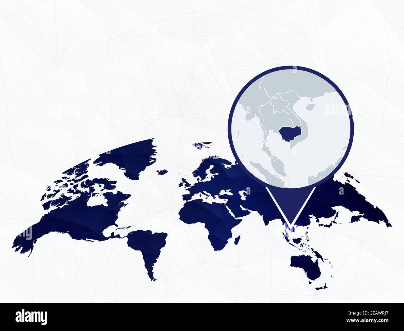 Cambodia detailed map highlighted on blue rounded World Map. Map of ...