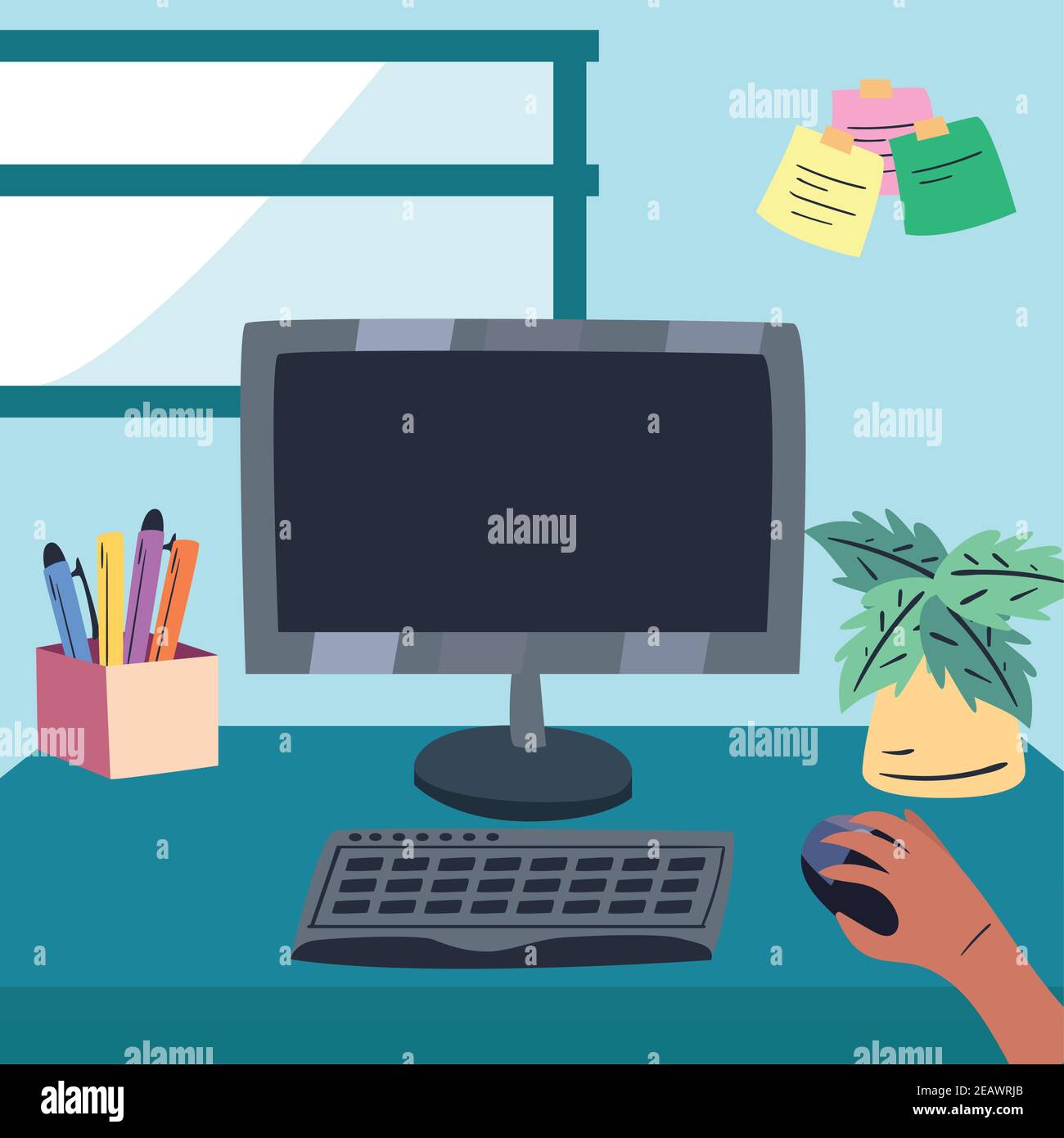 workplace desk with computer and mouse and plant design, work office ...