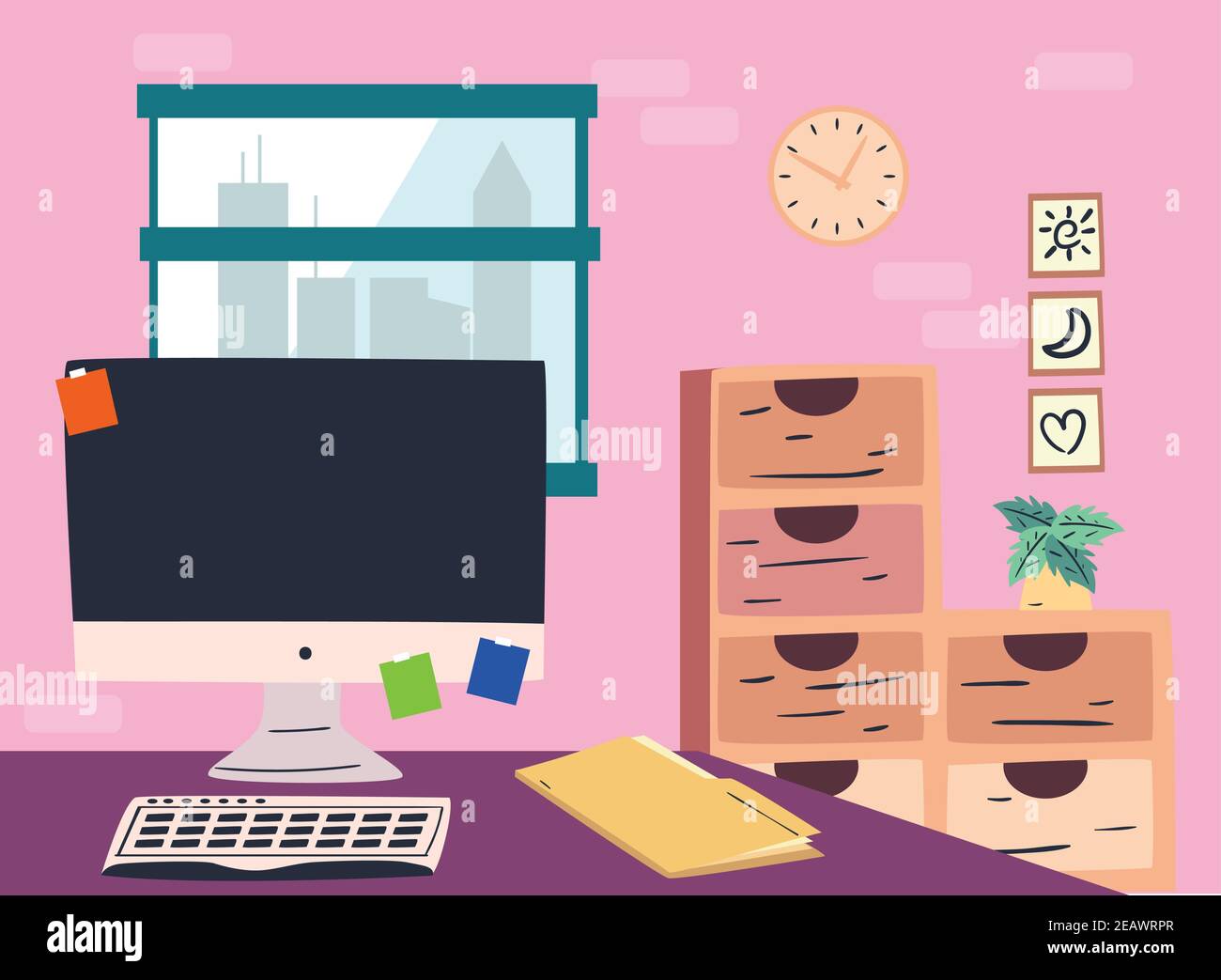 workplace desk with computer file and furniture design, work office and ...