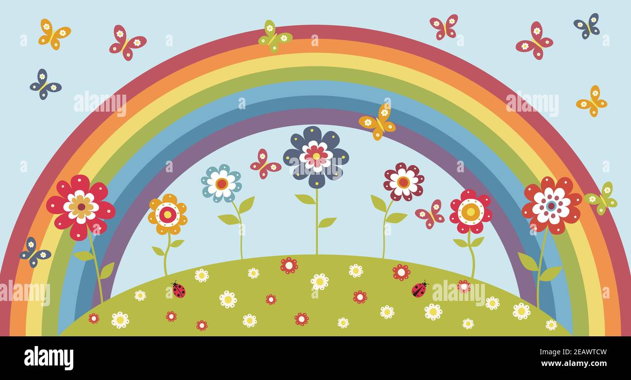 Spring garden with rainbow, flowers and butterflies Stock Photo - Alamy