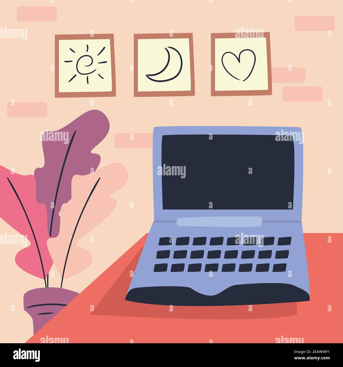 workplace desk with laptop and plant design, work office and ...