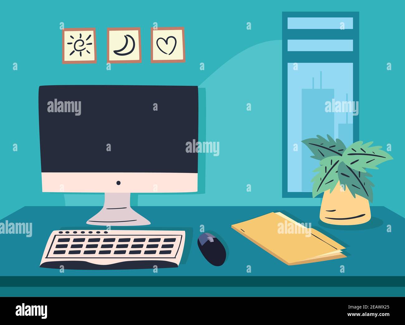 workplace desk with computer file and plant design, work office and ...