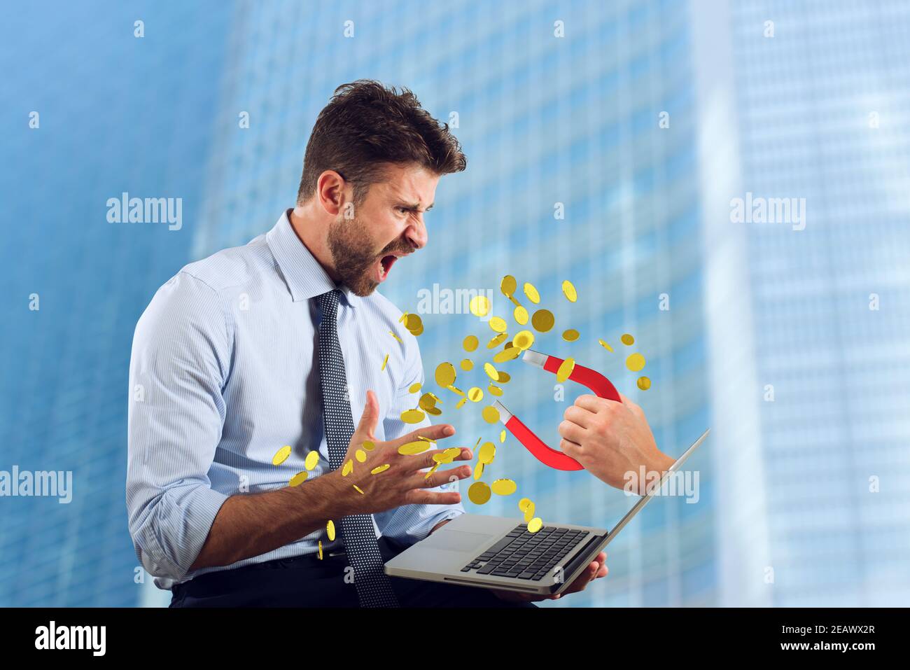 Hacker steals money from bank account of a businessman. concept of ...