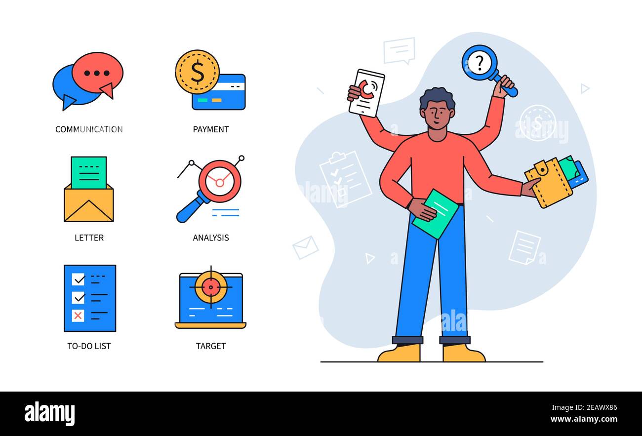 Multitasking concept - colorful flat design style poster with thematic ...
