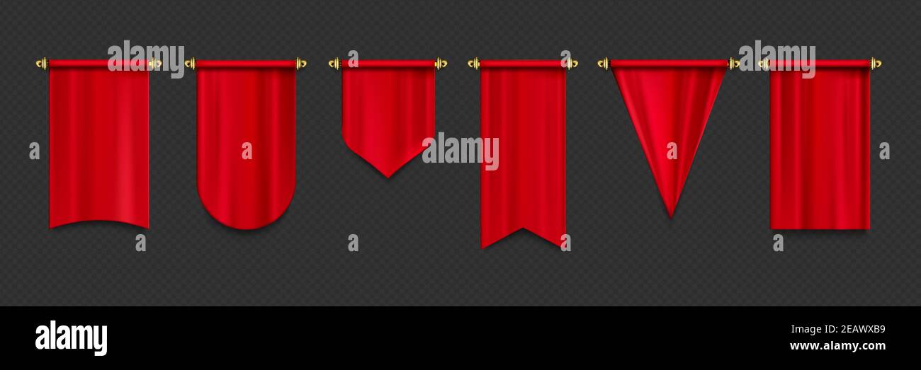 Red pennant flags mockup, blank hanging banners with rounded, concave ...