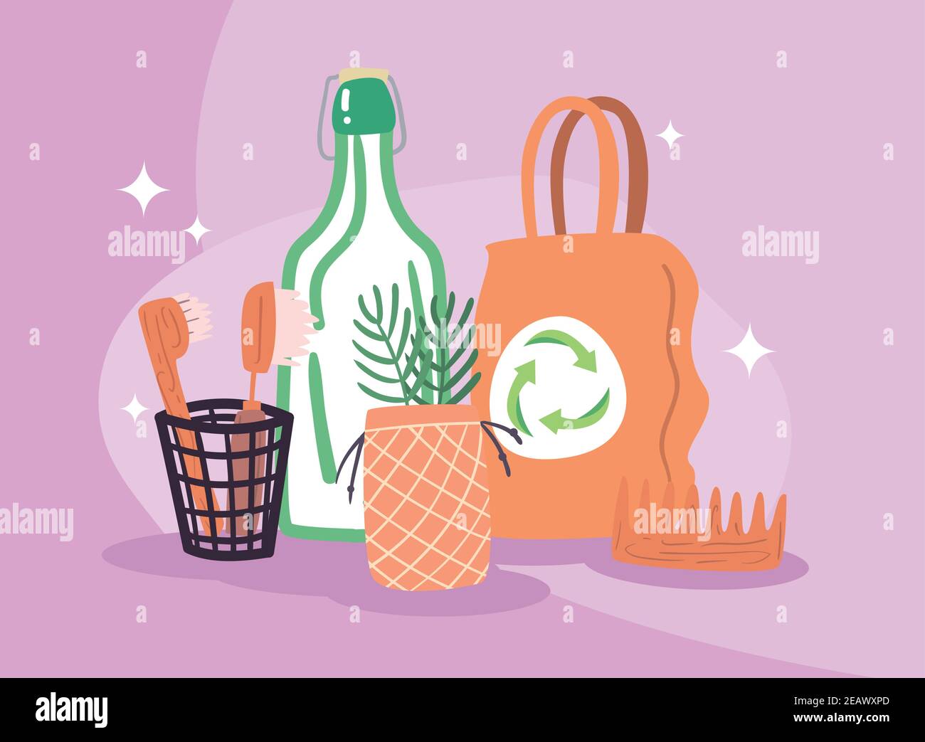 Zero waste bag bottle plant and brushes design, Save planet eco green ...