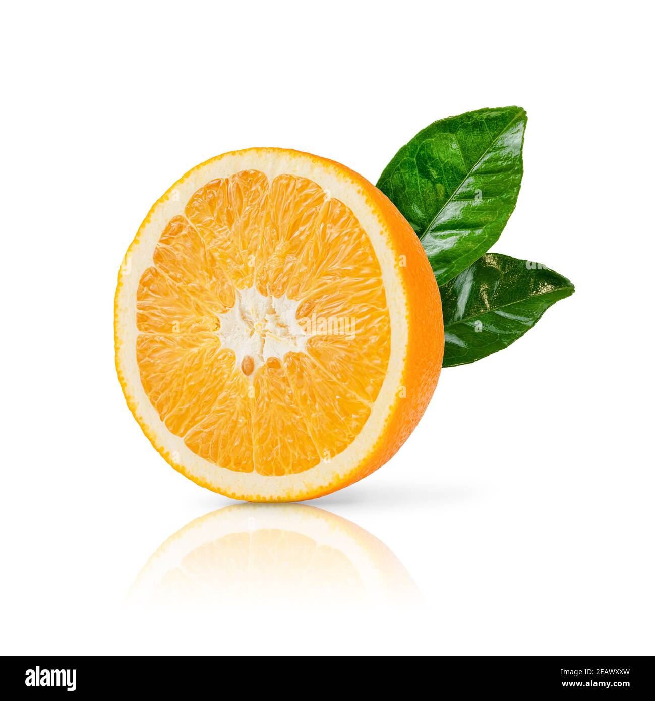 Half of ripe orange fruit with green leaves isolated on white ...
