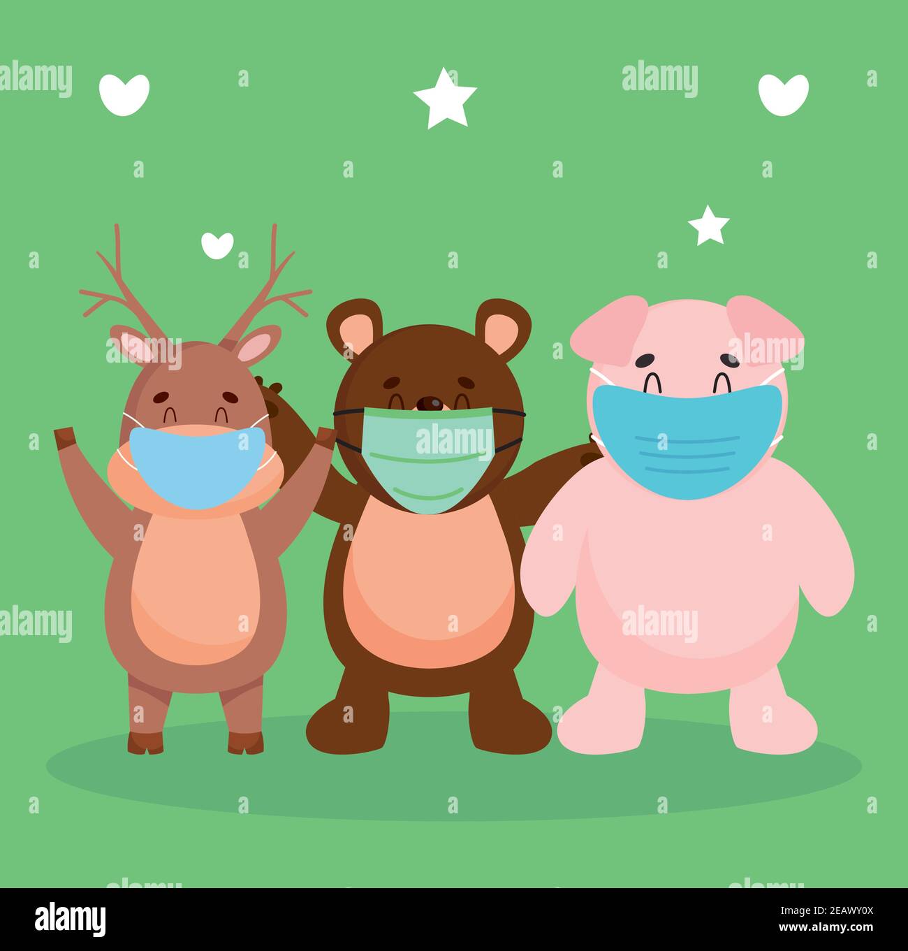 cartoon cute animals with face masks over green background, colorful ...