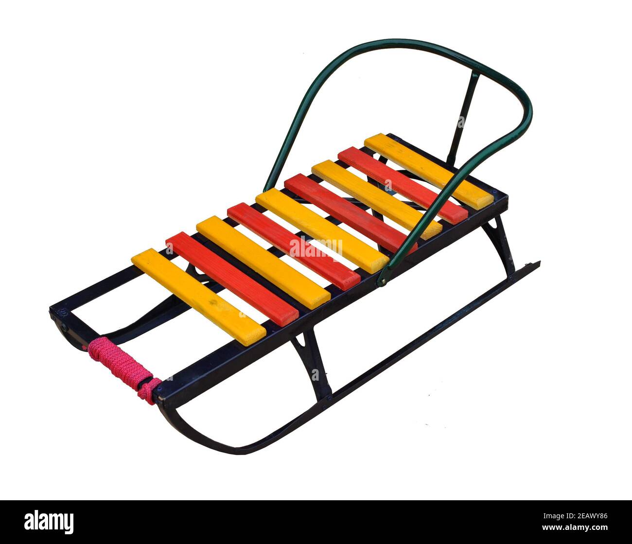 Steel sledge isolated with wooden planks on white background. Colored ...