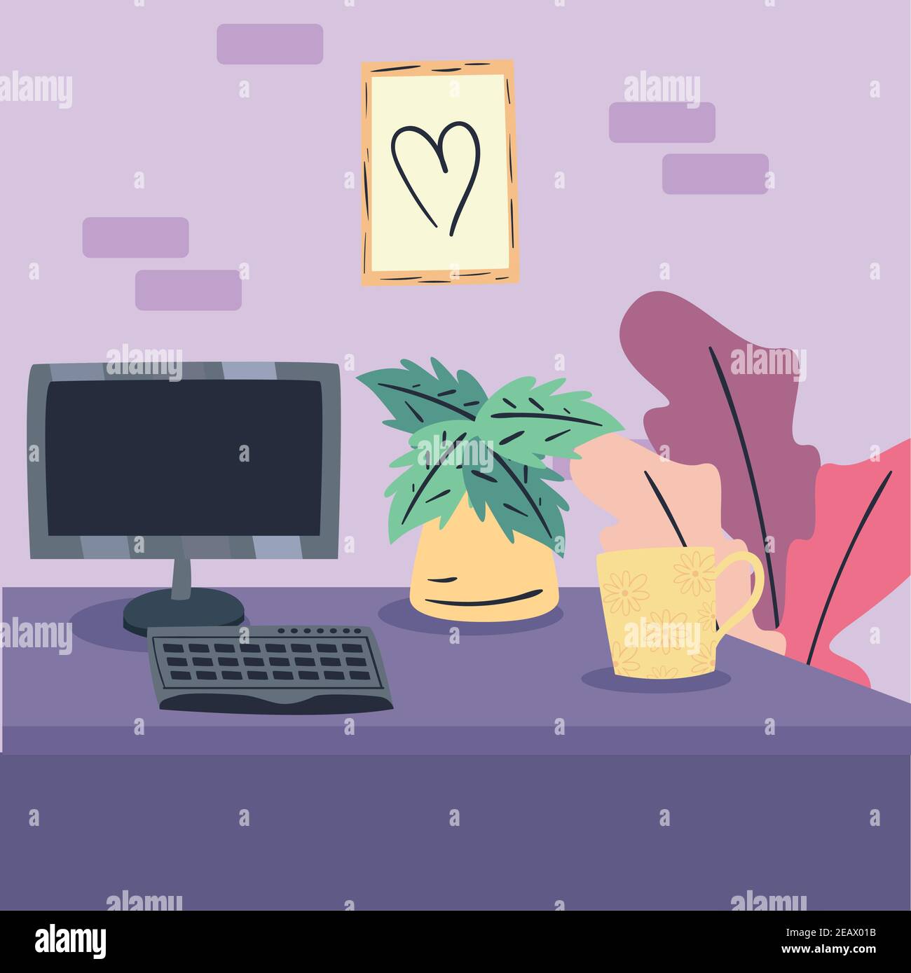 workplace desk with computer plants and coffee mug design, work office ...