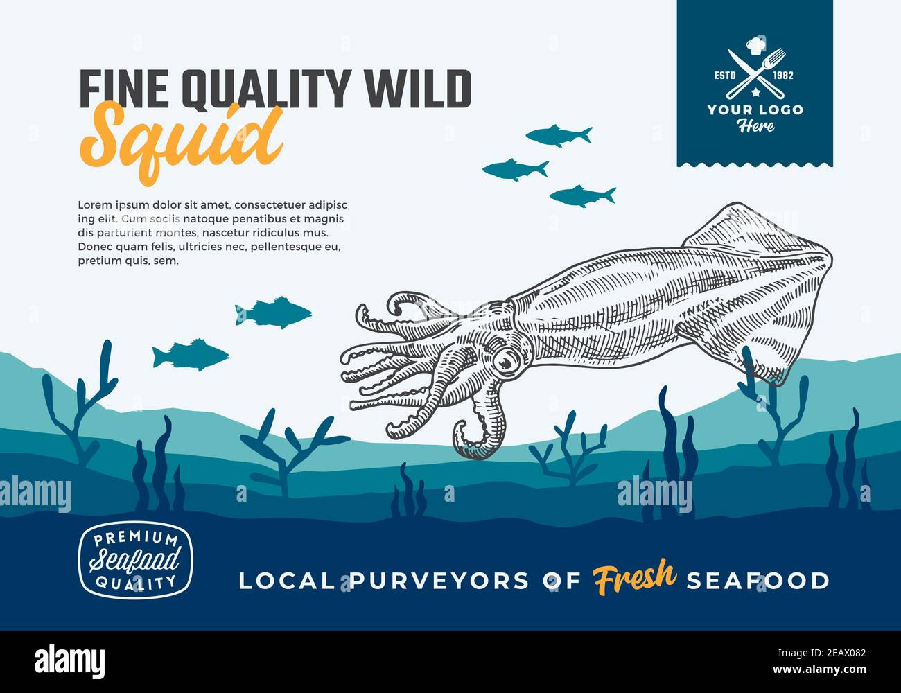 Fine Quality Organic Seafood. Abstract Vector Food Packaging Design or ...