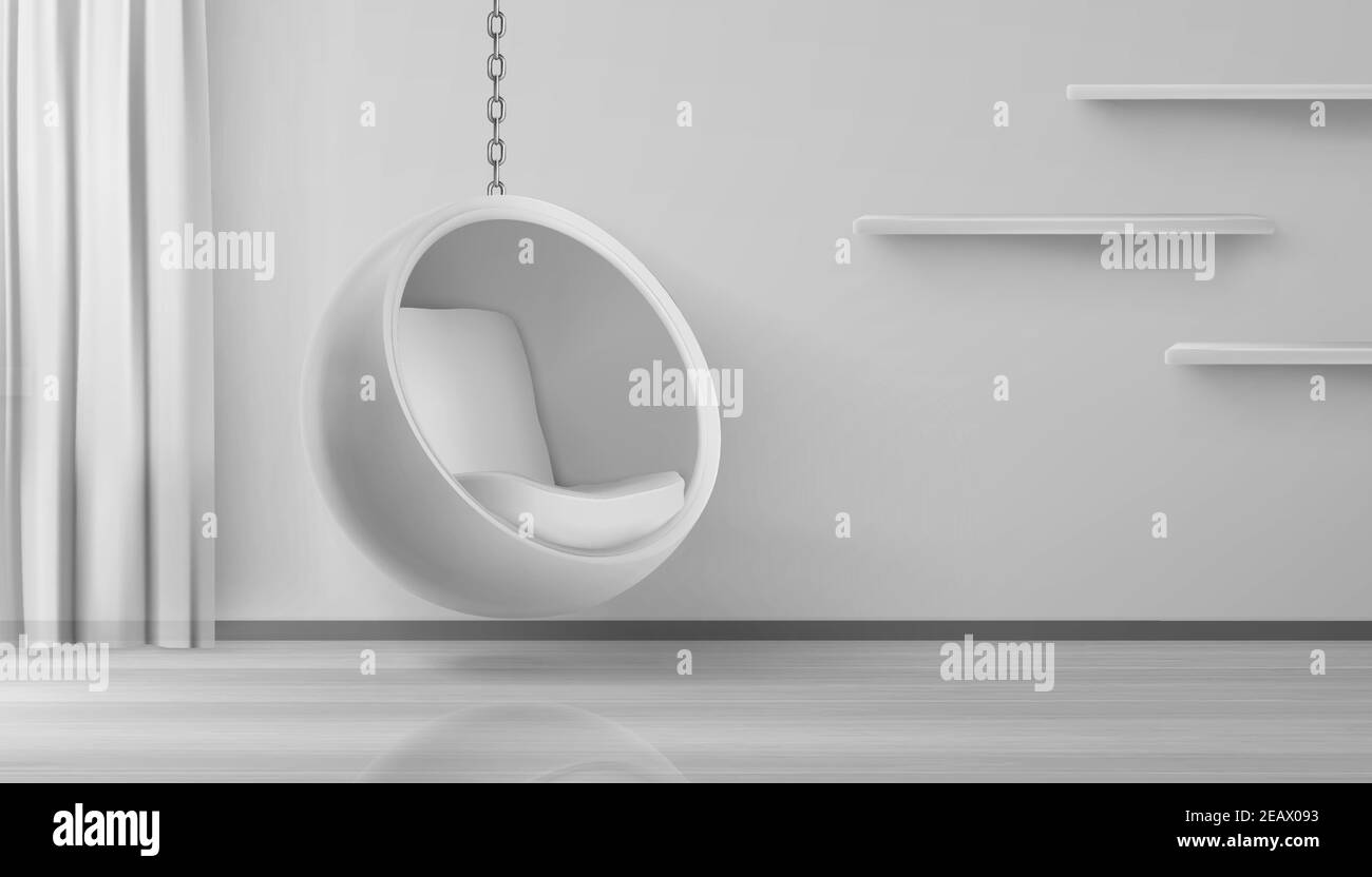 Ball chair, round armchair hang on chain at home interior. Futuristic ...