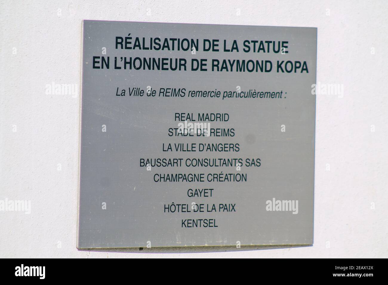 Reims France February 10, 2021 Closeup of the statue of Raymon Kopa ...