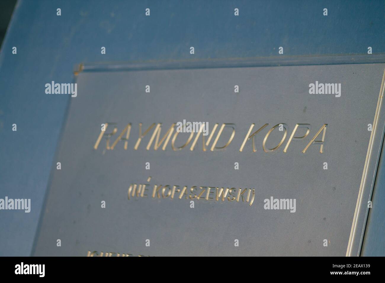 Reims France February 10, 2021 Closeup of the statue of Raymon Kopa ...