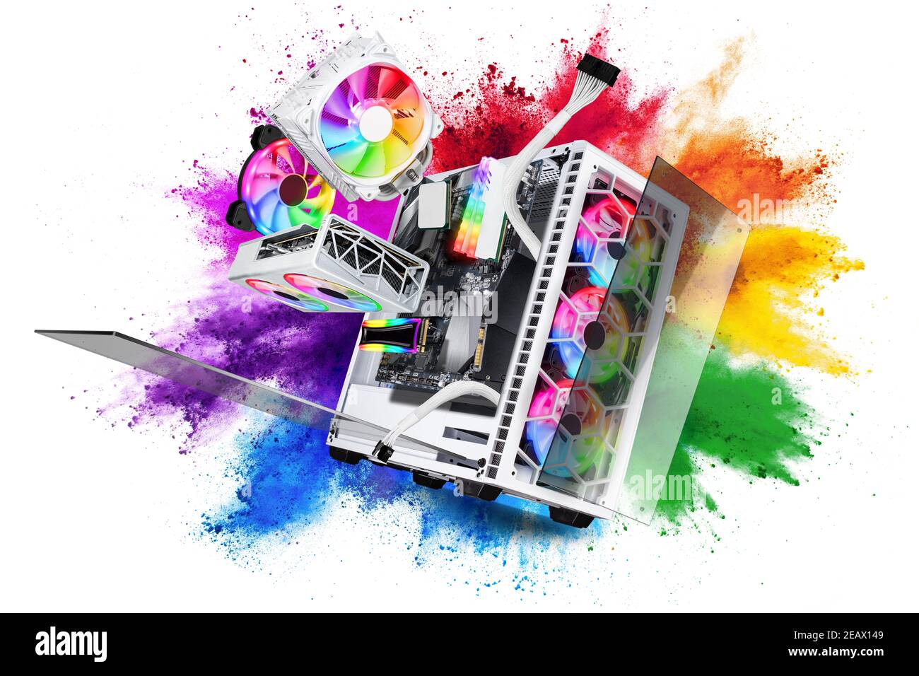 exploded view of white gaming pc computer with glass windows and ...