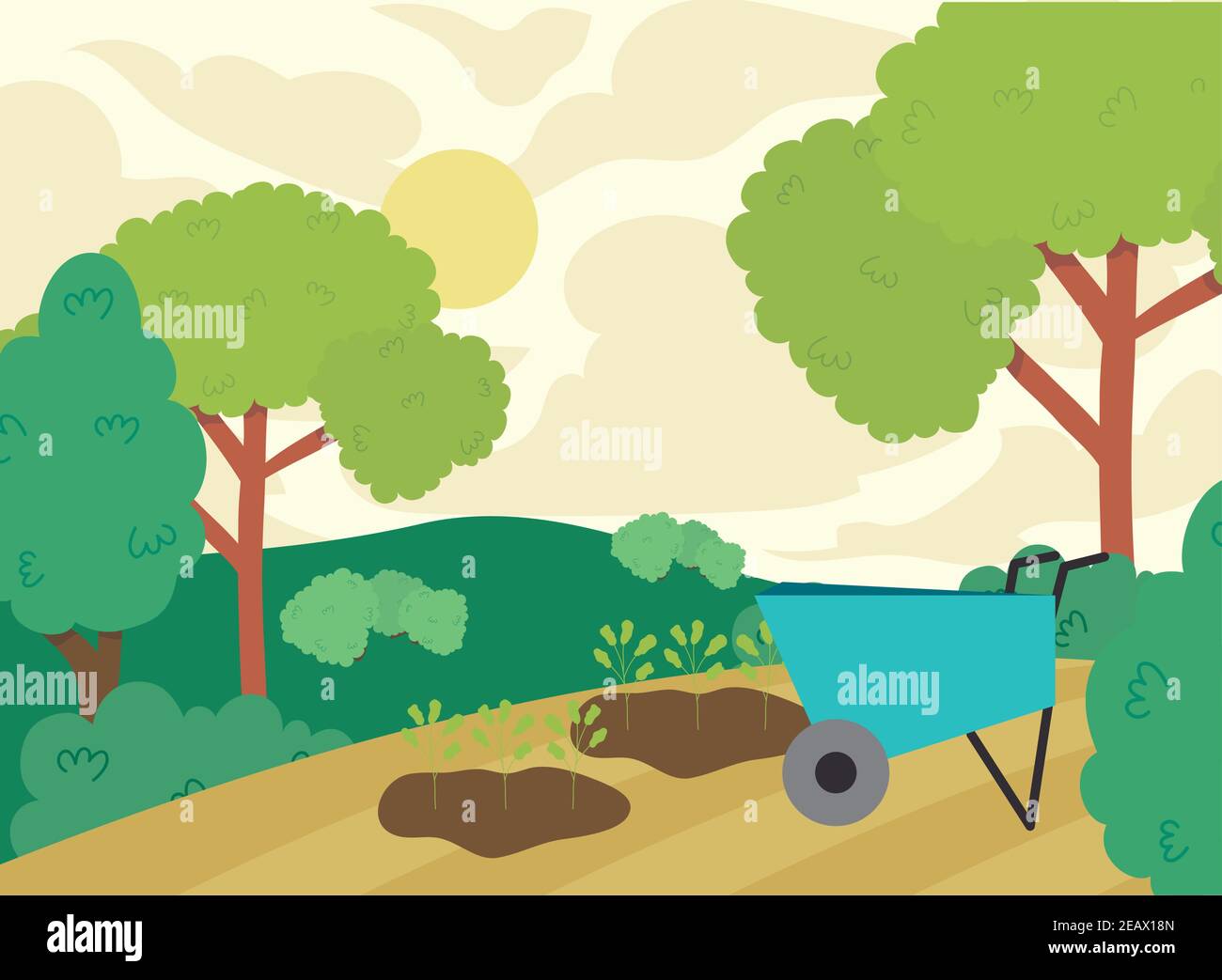 Farm wheelbarrow plants and trees design, Agronomy lifestyle ...