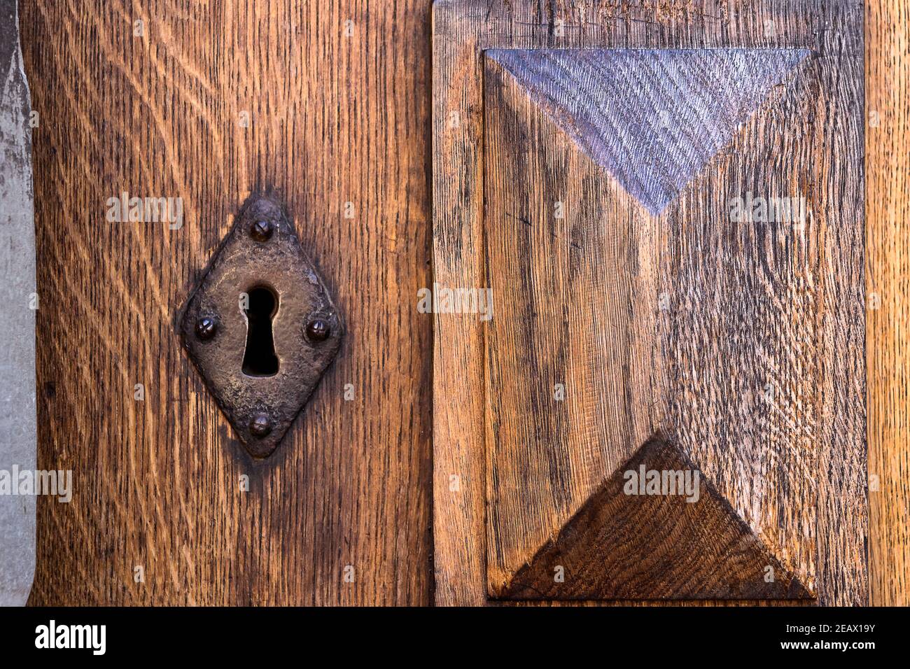Close-up view of an ancient door key lock on an old wooden door Stock ...