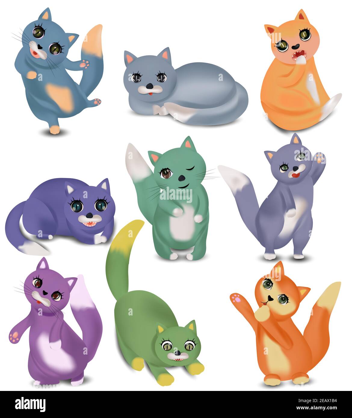 Funny cute cats with different emotion. Domestic cats happy, sad, crazy ...