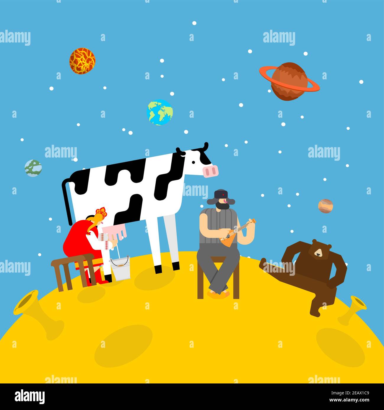 Russian farm on Moon. Woman milks cow. Man plays balalaika. Bear is ...