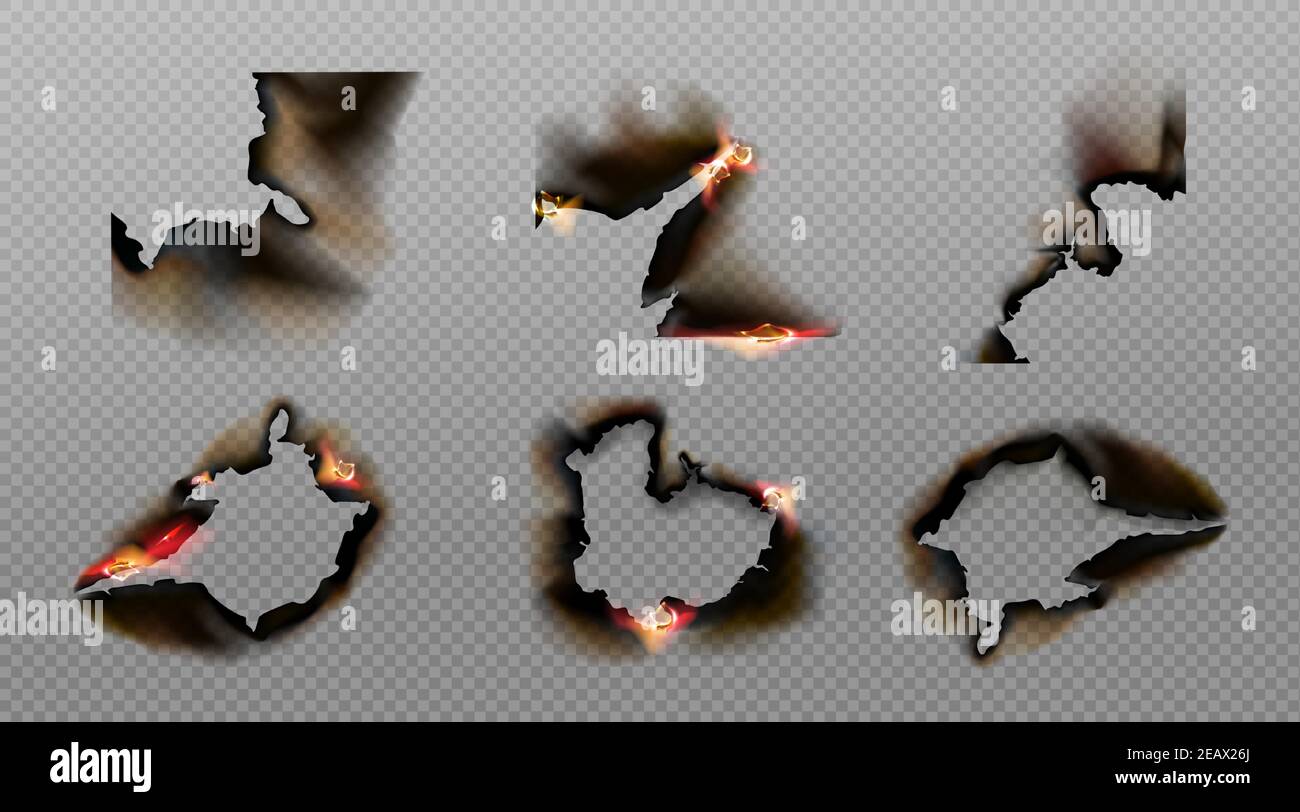 Burn paper corners, holes and borders, burnt page with smoldering fire ...