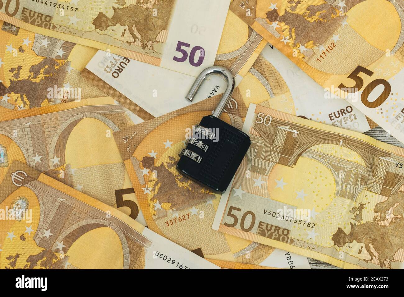 horizontal photo of a background of fifty euro banknotes with an open ...