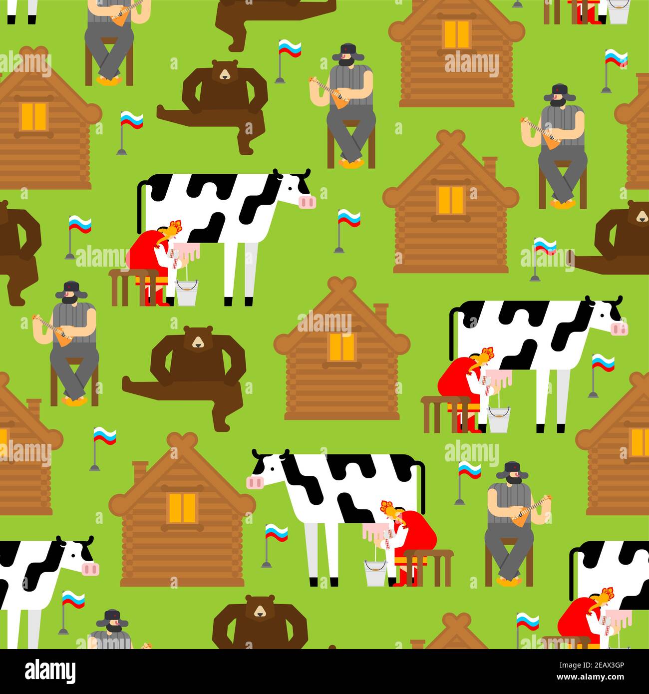 Real Russia pattern seamless. Russian village background. Woman milks ...