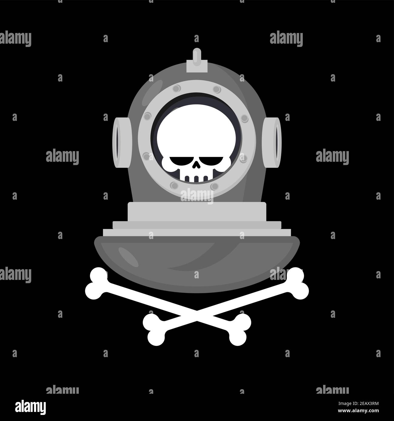 Skull in Underwater helmet isolated. Skeleton head in Old diving helmet ...