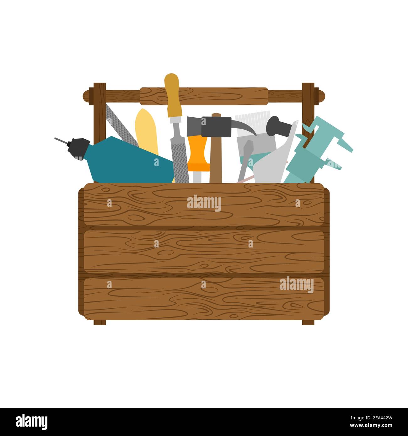 Full Toolbox with tools. wooden tool box. Hammer and drill. Wrench and ...