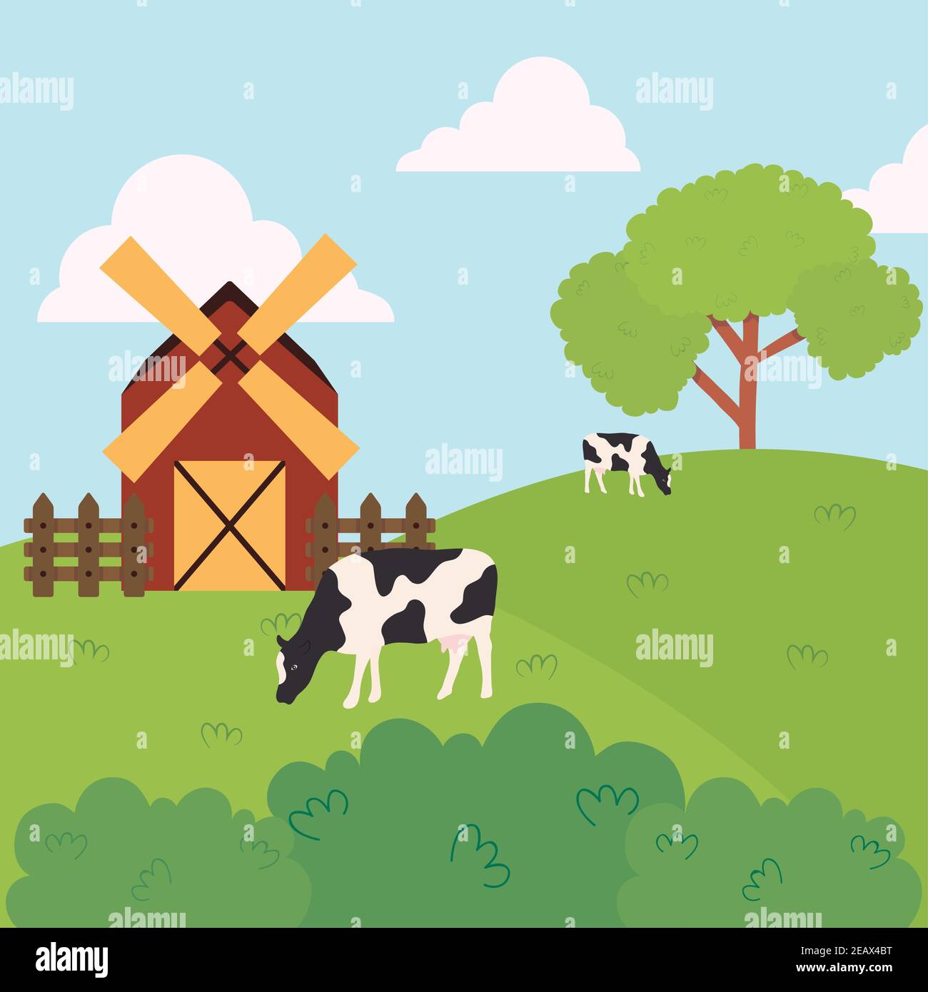 farm landscape with cow and barn, colorful design, vector illustration ...