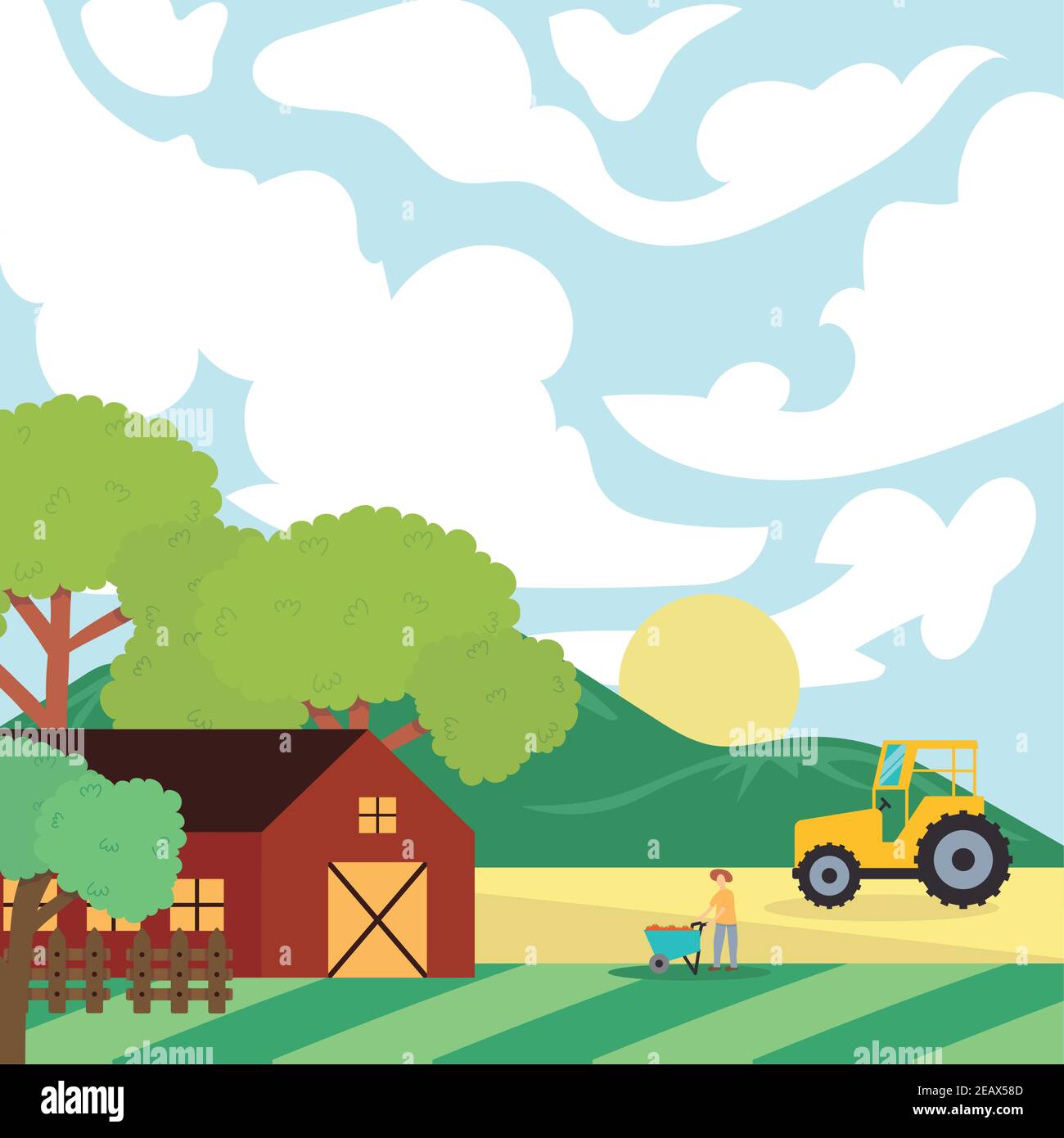 Farm with trees tractor and farmer design, Agronomy lifestyle ...