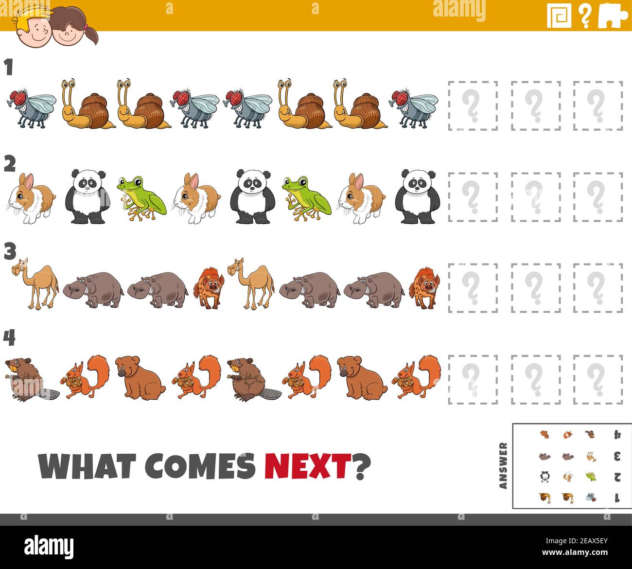 Cartoon illustration of completing the pattern educational game for ...