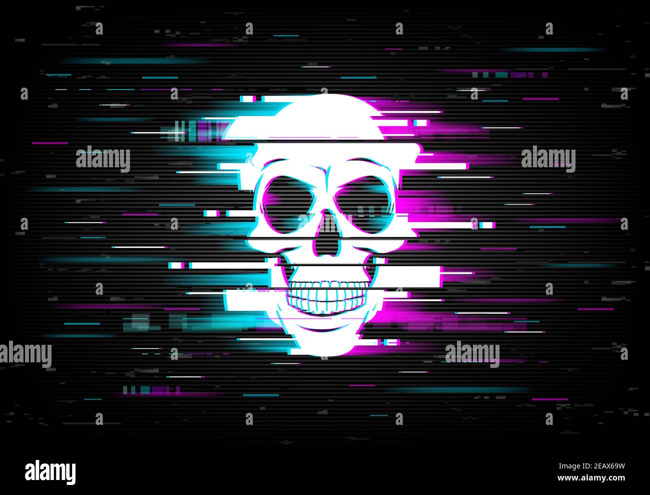 Glitch on computer screen with smiling human skull. Artificial ...